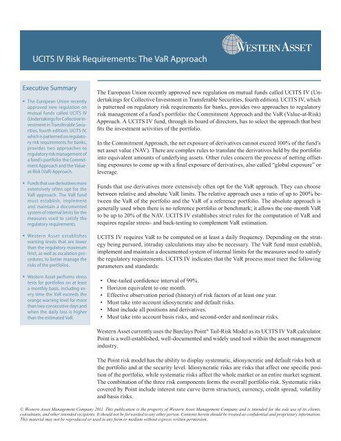 UCITS IV Risk Requirements: The VaR Approach - Western Asset