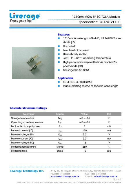 Specification: C1135121111 1310nm MQW-FP SC TOSA Module ...