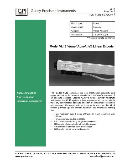Model Vl18 Virtual Absolute® Linear Encoder Gurley Precision