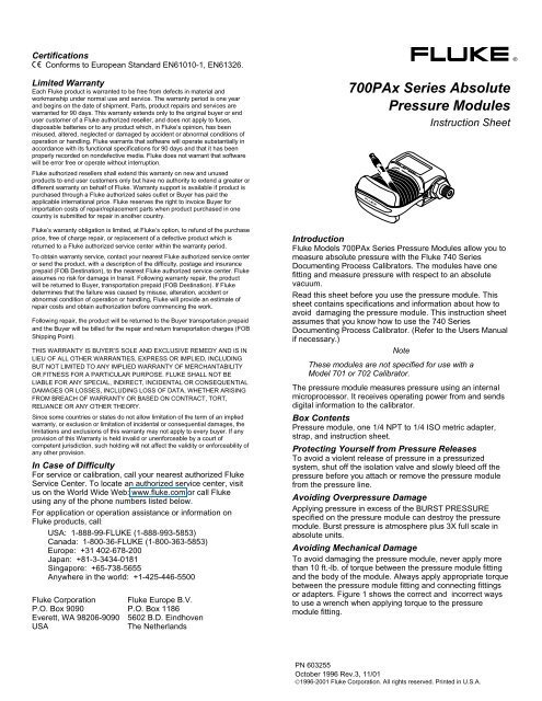 700PAx Series Absolute Pressure Modules - Fluke
