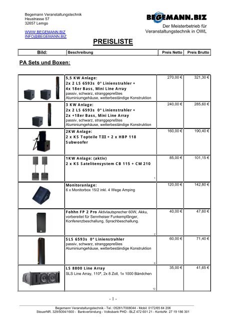 PREISLISTE - Begemann Veranstaltungstechnik