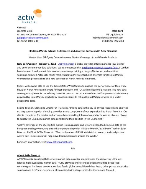 Contact: Jeanette Volpi Mark Ford Articulate ... - ACTIV Financial