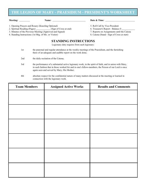 THE LEGION OF MARY - PRAESIDIUM - PRESIDENT'S WORKSHEET