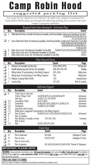 Packing List - Camp Robin Hood