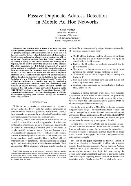 Passive Duplicate Address Detection In Mobile Ad Hoc Networks