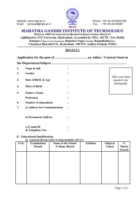 MAHATMA GANDHI INSTITUTE OF TECHNOLOGY - MGIT - Mgit.ac.in