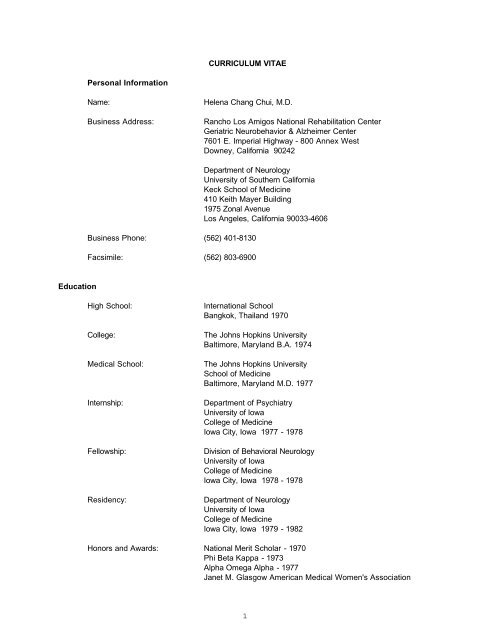 Helena Chui CV - University of Southern California