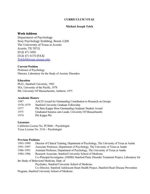 CURRICULUM VITAE Michael Joseph Telch Work Address ...