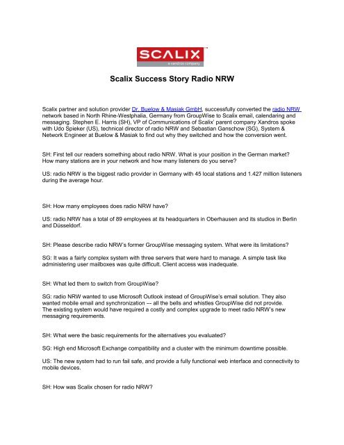 Scalix helps Radio NRW Network Germany Increase Collaboration