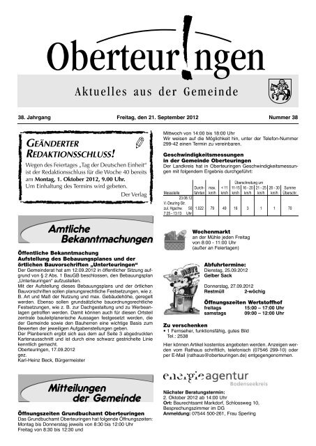 Ihre Anzeige im Mitteilungsblatt - in der Gemeinde Oberteuringen