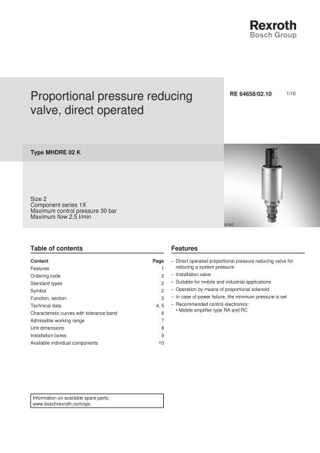 Proportional pressure reducing valve, direct operated