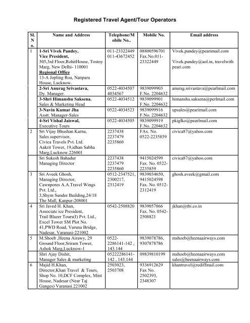 Registered Travel Agent/Tour Operators