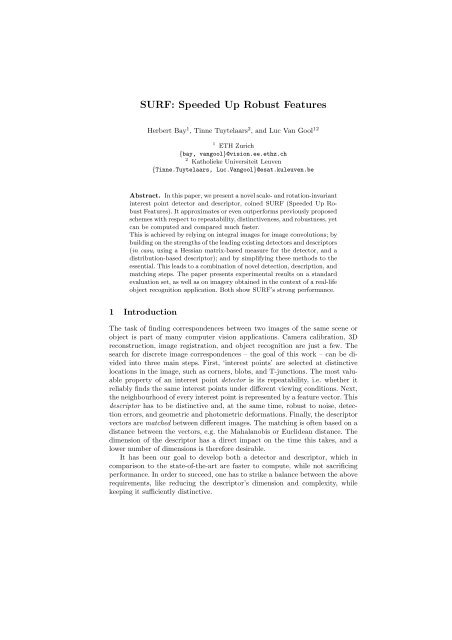 SURF: Speeded Up Robust Features - Computer Vision Lab