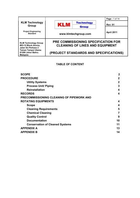 PRE COMMISSIONING SPECIFICATION FOR CLEANING OF LINES ...