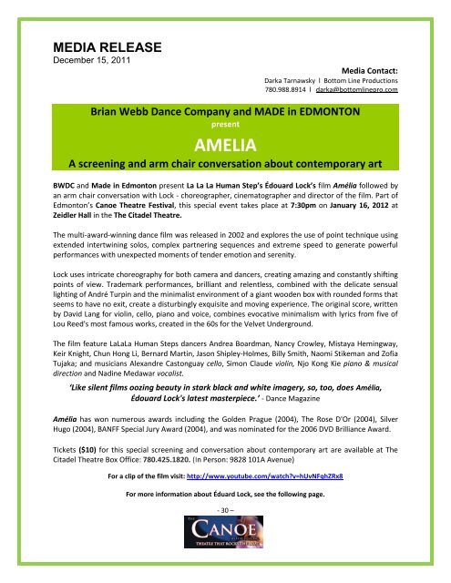 Amelia Screening Media Release - Brian Webb Dance Company