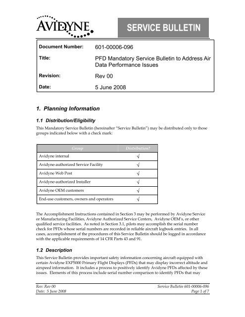 PFD Mandatory Service Bulletin to Address Air Data - Avidyne