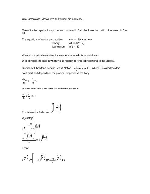 1D Motion with Air Resistance - Calculus Animations