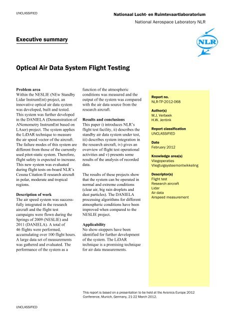 Optical Air Data System Flight Testing - NLR