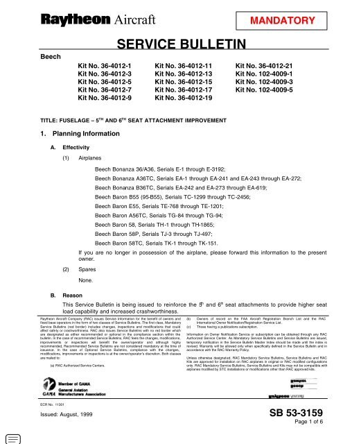 Raytheon Aircraft SERVICE BULLETIN