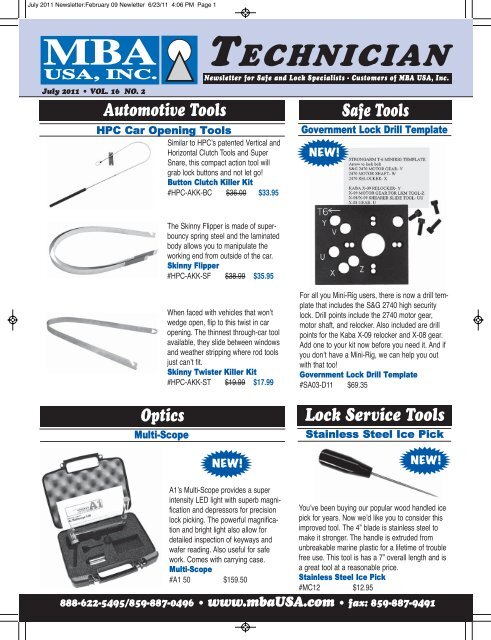 Lock Service Tools Safe Tools Lock Picks - MBA USA, Inc.