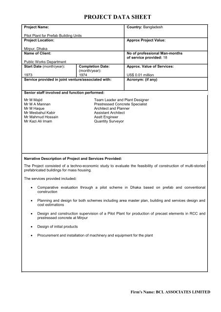 project data sheet - BCL