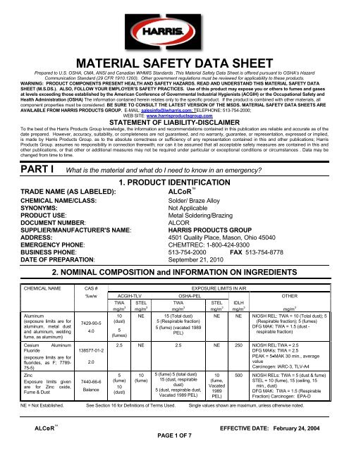 AlCor MSDS - The Harris Products Group
