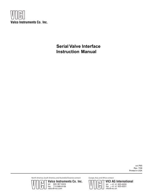 Serial Valve Interface Manual - Valco Instrument Instrument Company