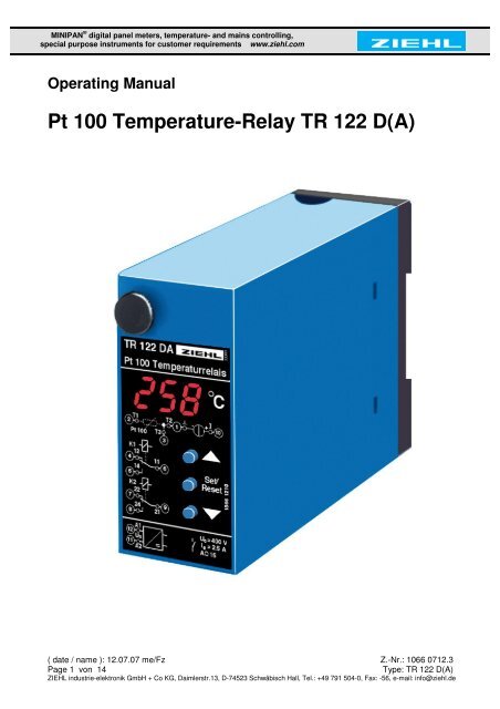 Operating Manual Pt 100 Temperature-Relay TR 122 D(A) - ziehl.de