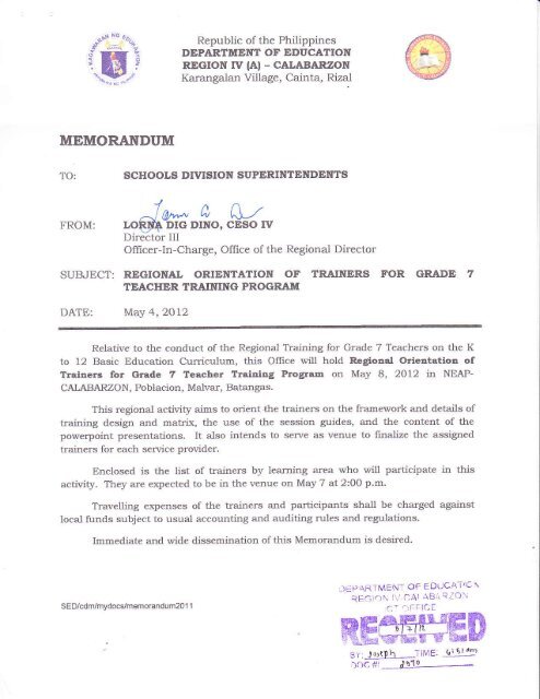 Memorandum - Department of Education, Region IV – Calabarzon