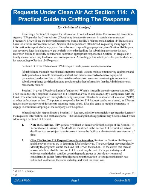 Requests Under Clean Air Act Section 114 - Barnes & Thornburg
