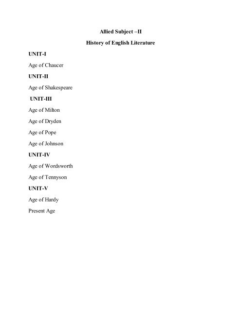 Allied Subject –II History of English Literature UNIT-I Age of Chaucer ...