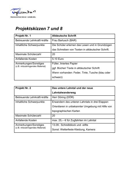Überblick Projektskizzen 7 und 8 - Tilemannschule