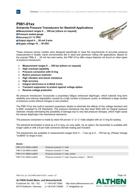 Pressure transducer series P981-01xx for steel mill ... - Althen GmbH