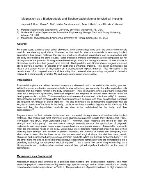 Magnesium as a Biodegradable and Bioabsorbable Material for ...