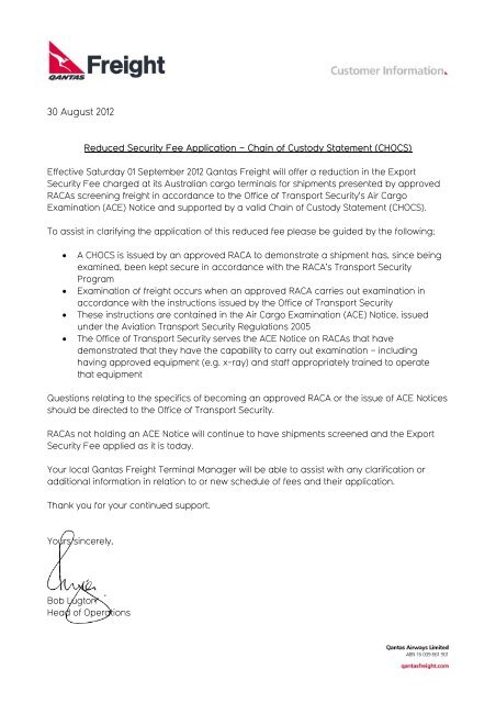 Changes to Qantas Freight Terminal Service Fees