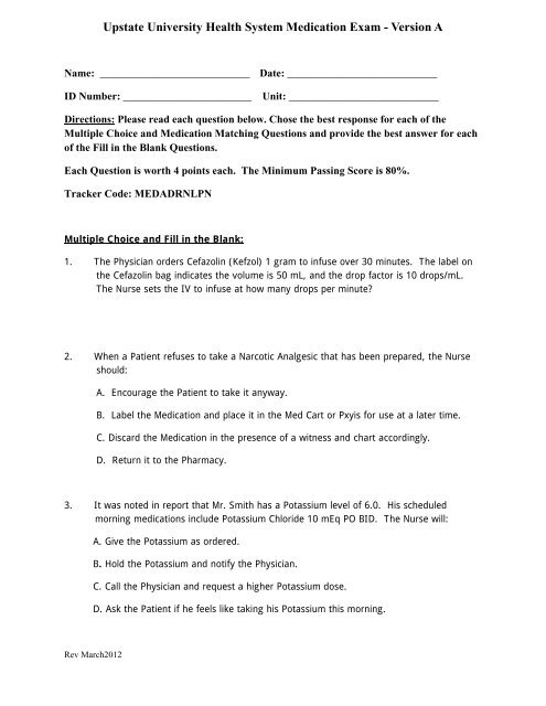 Medication Administration Exam - SUNY Upstate Medical University