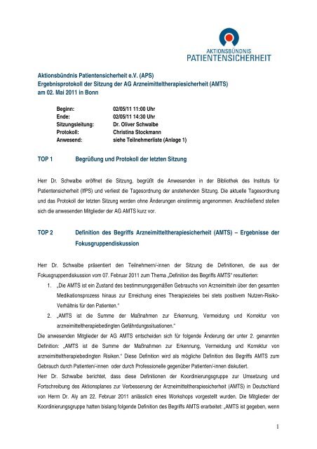 Ergebnisprotokoll der Sitzung der AG Arzneimitteltherapiesicherheit