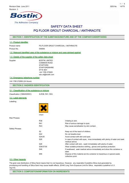 safety data sheet pq floor grout charcoal / anthracite - Bostik