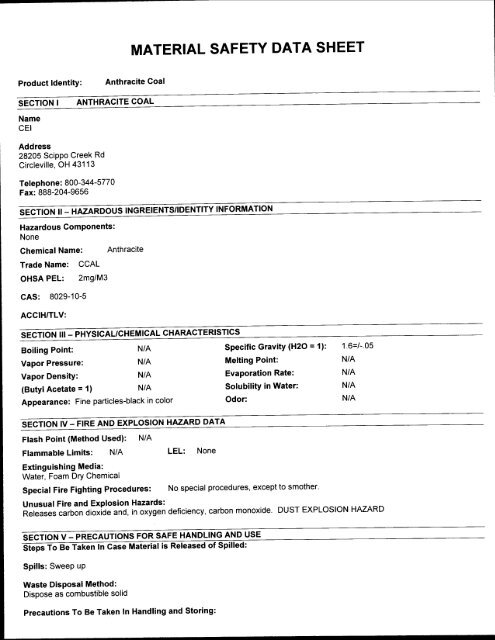 Anthracite Coal MSDS - CEI