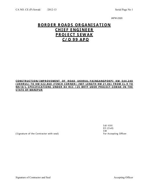 border roads organisation chief engineer project sewak c/o 99 apo