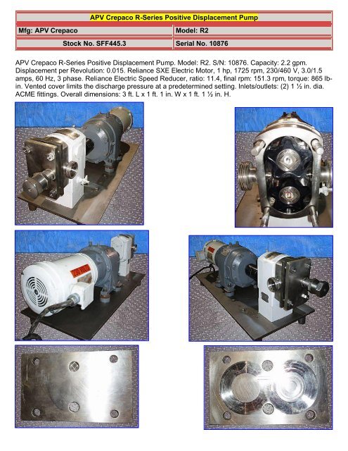 APV Crepaco R-Series Positive Displacement Pump Mfg: APV ...