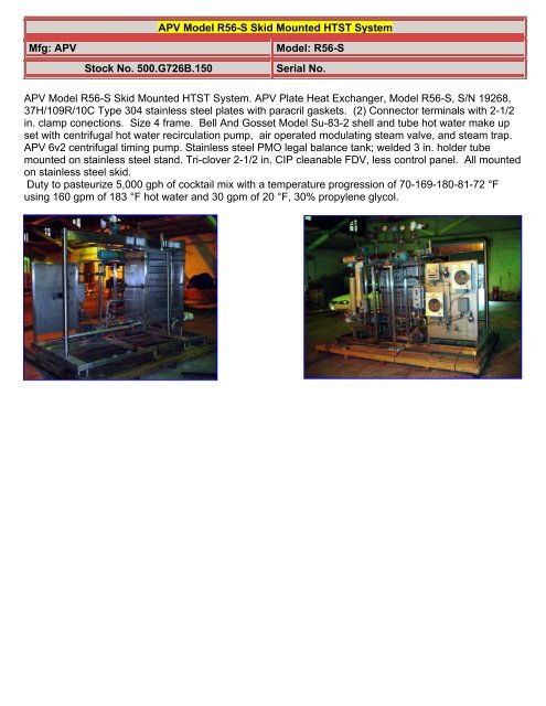 APV Model R56-S Skid Mounted HTST System Mfg: APV Model