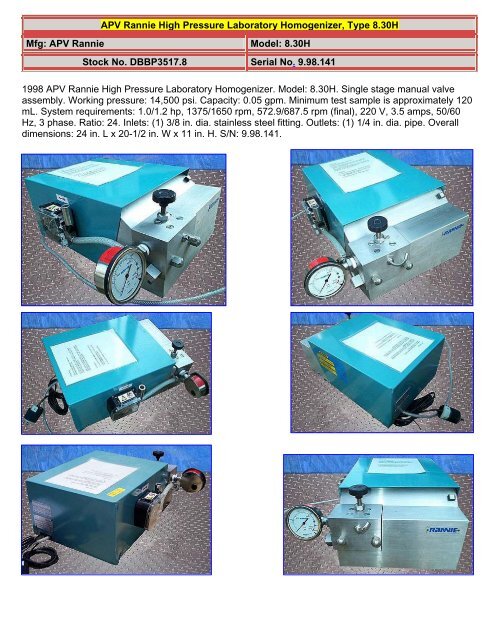 APV Rannie High Pressure Laboratory Homogenizer, Type 8