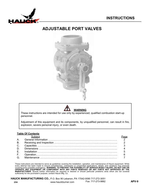 ADJUSTABLE PORT VALVES - Hauck Manufacturing