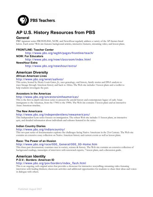 AP U.S. History Resources from PBS (PDF)
