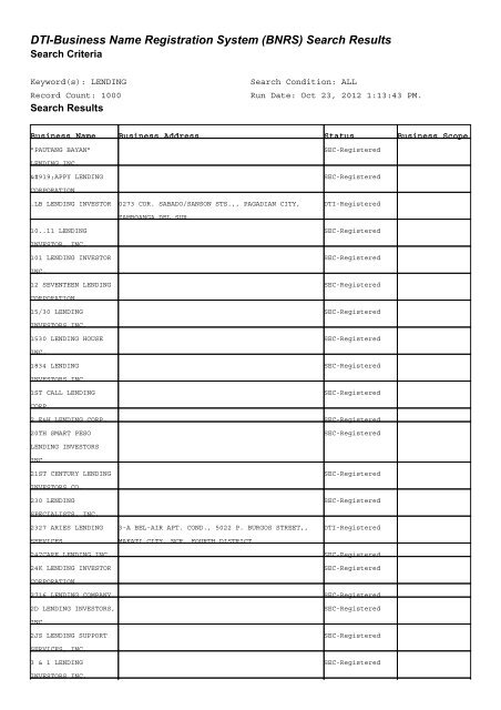 DTI-Business Name Registration System (BNRS) Search Results