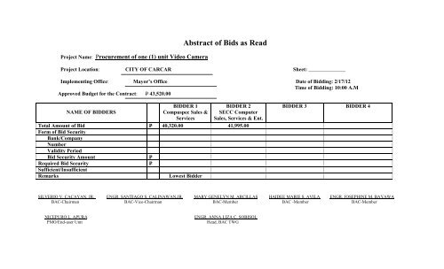 Abstract of Bids as Read