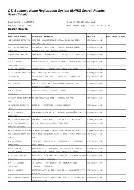 DTI-Business Name Registration System (BNRS) Search Results