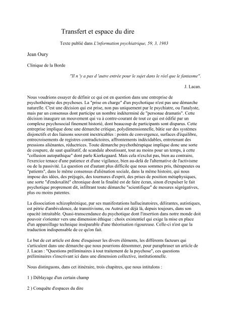 Jean Oury, TRANSFERT ET ESPACE DU DIRE - Revue Institutions Jean Oury, TRANSFERT ET ESPACE DU DIRE - Revue Institutions
