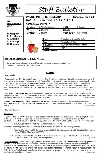 Staff Bulletin - Windermere Secondary School